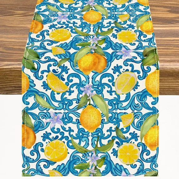 Blue Tiles Lemon Table Runner Summer Fruit Chic Kitchen Dinner Runner ...