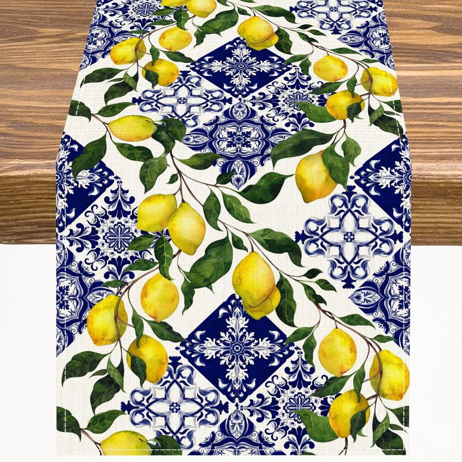 Blue Tiles Lemon Table Runner Summer Fruit Chic Kitchen Dinner Runner ...