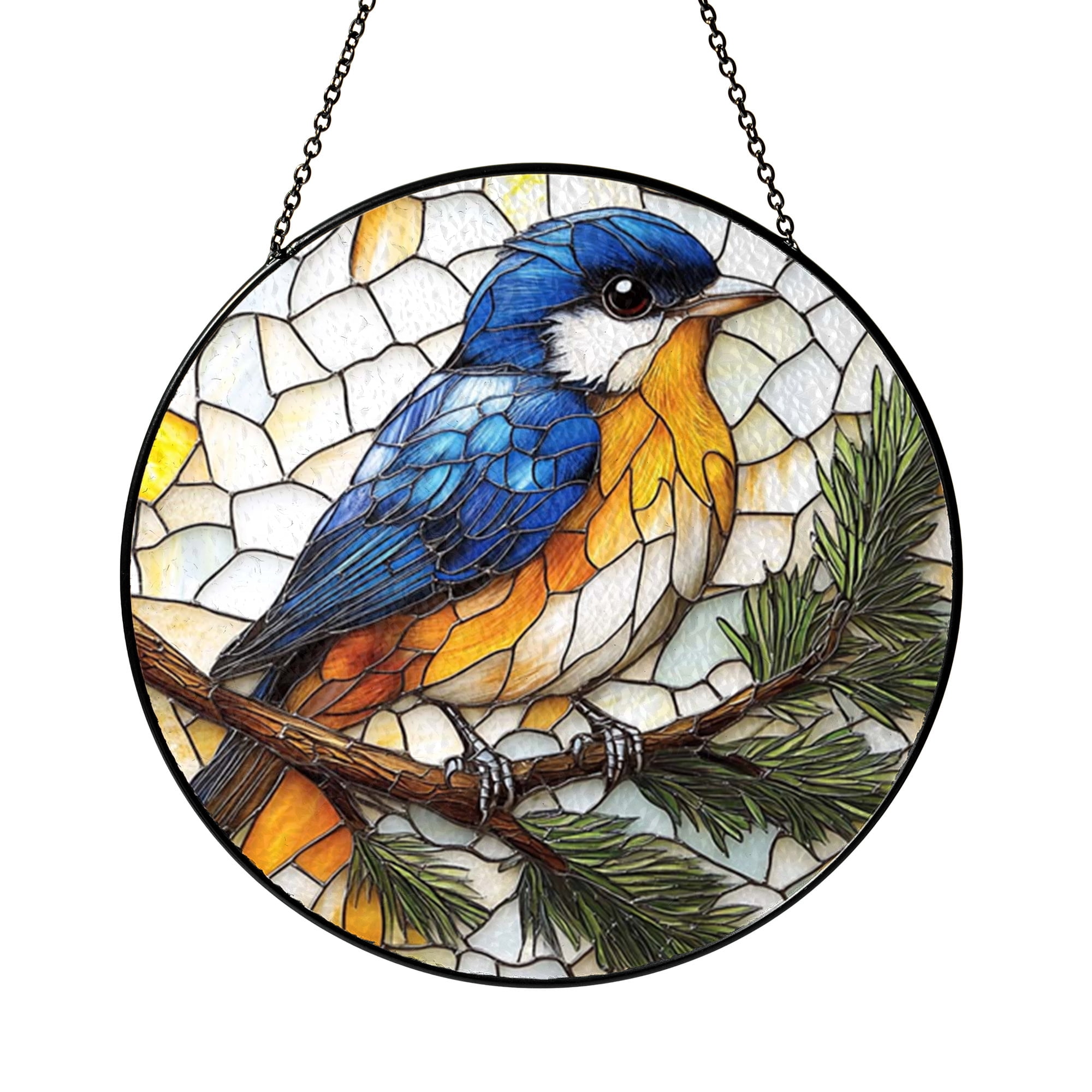 Blue Tit Bird Pine Branch Stained Glass Style Suncatcher Window Hanging ...