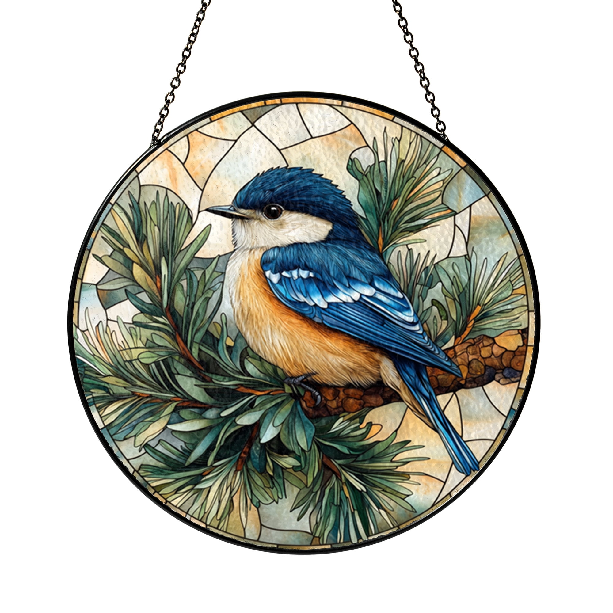 Blue Tit Bird Stained Glass Window Hanging Round Decorative Glass Art ...