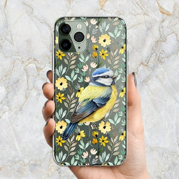 Blue Tit Birds Clear Wildflower Spring Phone Case with iPhone 17 to 11 ...