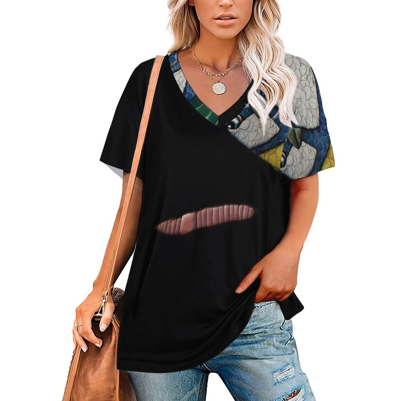 Blue Tit Ruffle Short Sleeve T-Shirt V Neck Shirts Pattern Cute Tops ...