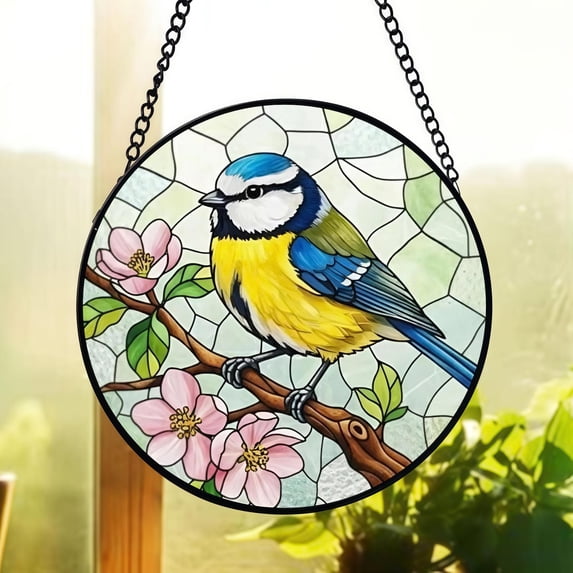 Blue Tit Stained Glass Suncatcher, Spring Bird on Cherry Blossom Window ...