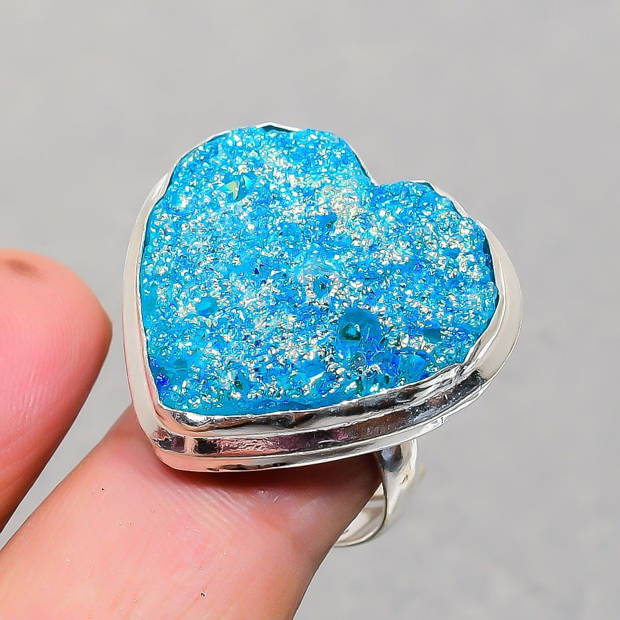 Blue Titanium Druzy Heart Shape Gemstone Adjustable Ring Handmade ...