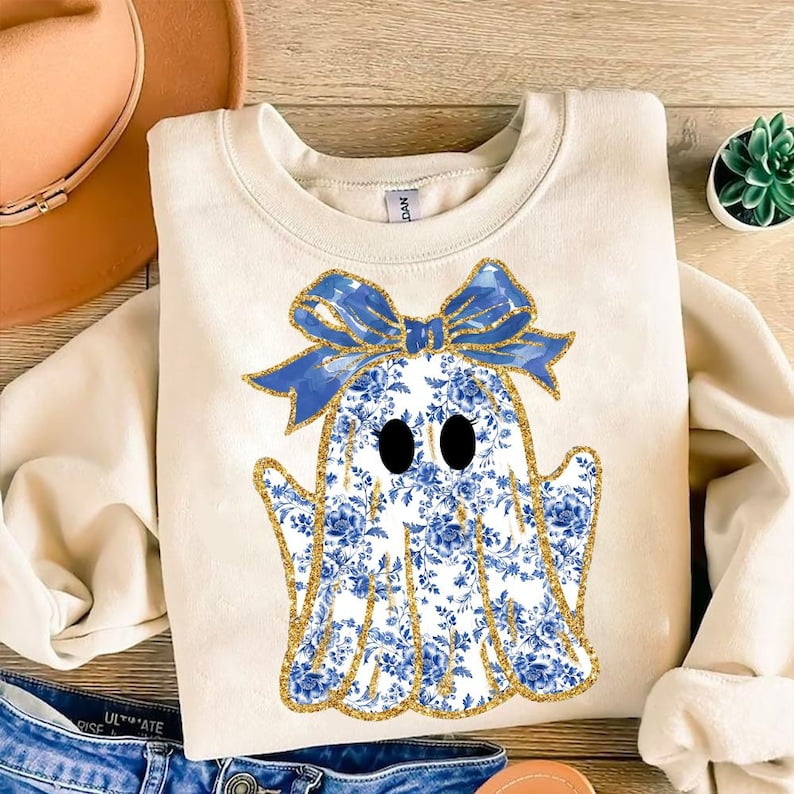 Blue Toile Boujee Ghost Sweater, Coquette Floral Bow Retro Feminine ...