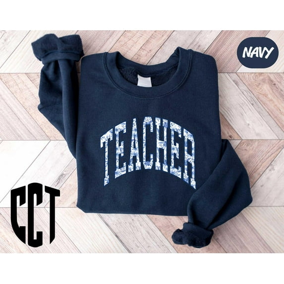 Blue Toile Bow Teacher Sweatshirt,Teacher,Teaching Sweethearts ...