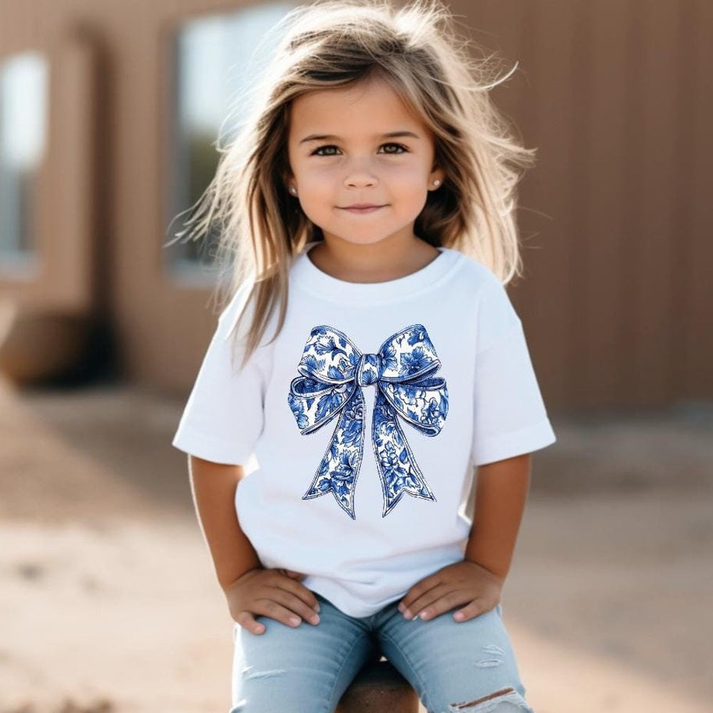Blue Toile Coquette Bow, Coastal Bow Kids Shirt, Toddler T-Shirt ...