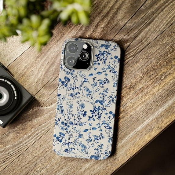 Blue Toile Floral Case iPhone 11 12 13 14 15 16 Pro Max Spring MagSafe ...