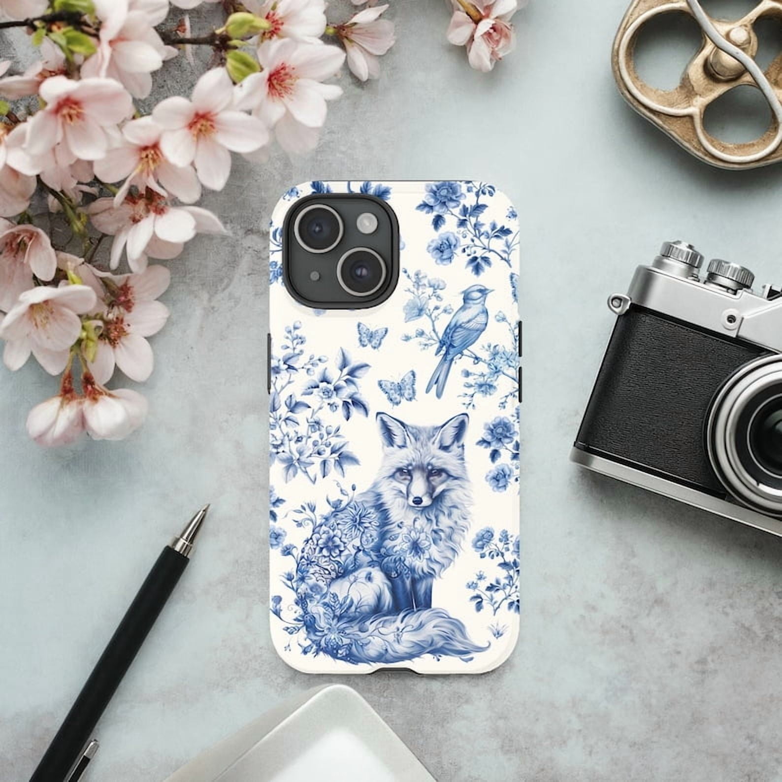 Blue Toile Floral Fox Phone Case, Cute Chinoiserie Coquette iPhone 16 ...