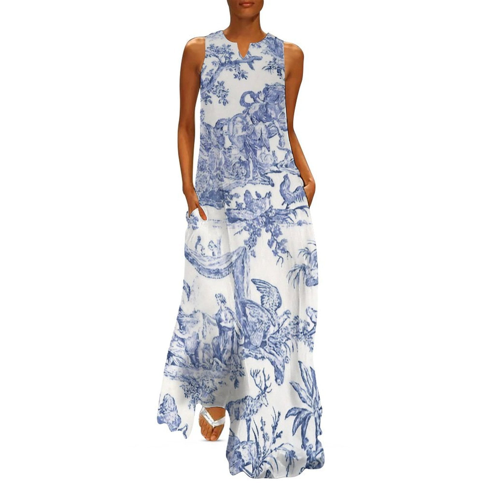 Blue Toile Jungle Animals Long Dress Women's summer dress women's ...