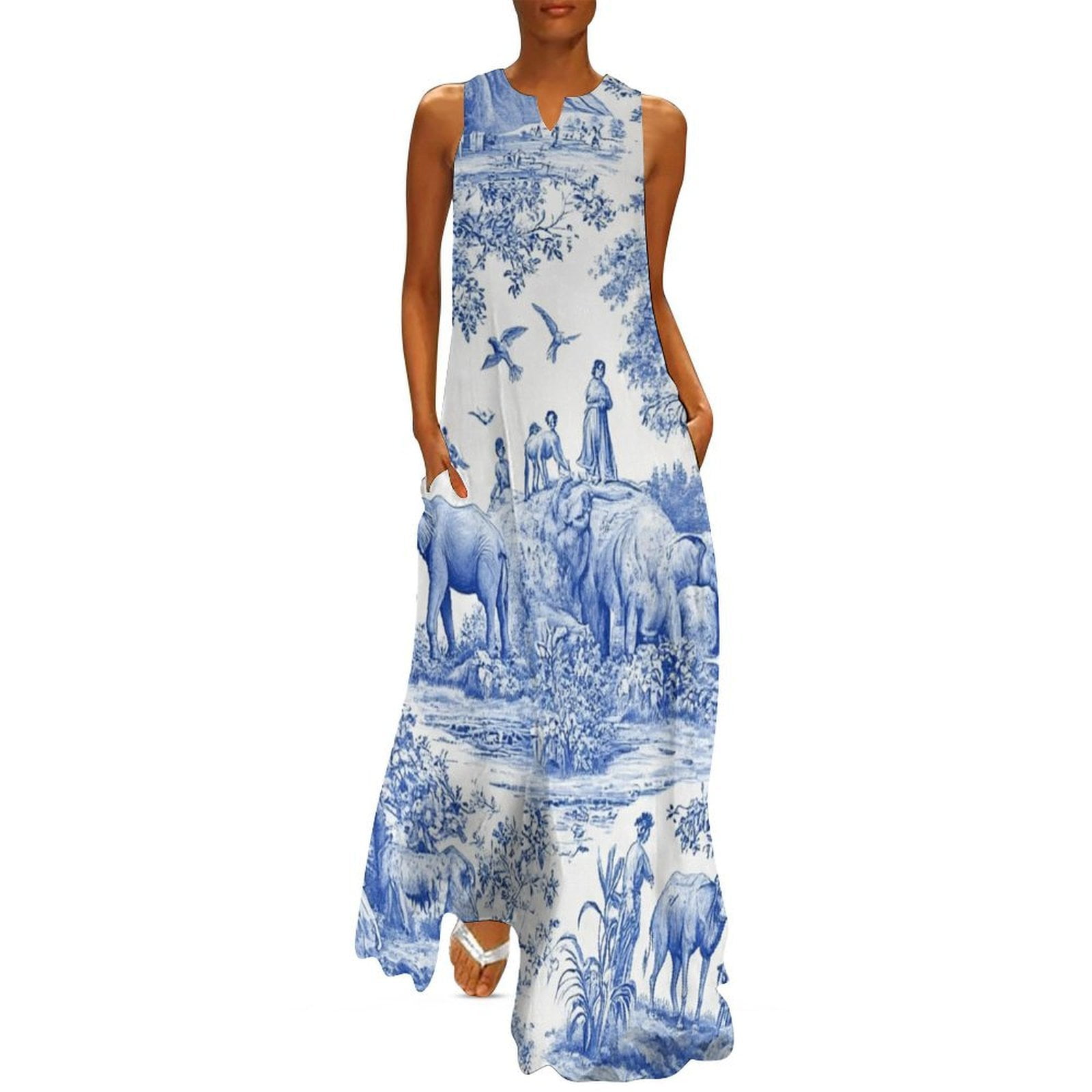 Blue Toile Jungle Animals Long Dress luxury evening dresses women ...
