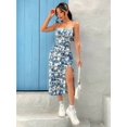 Blue Toile Print Spaghetti Strap Bodycon Midi Dress With High Side Slit ...