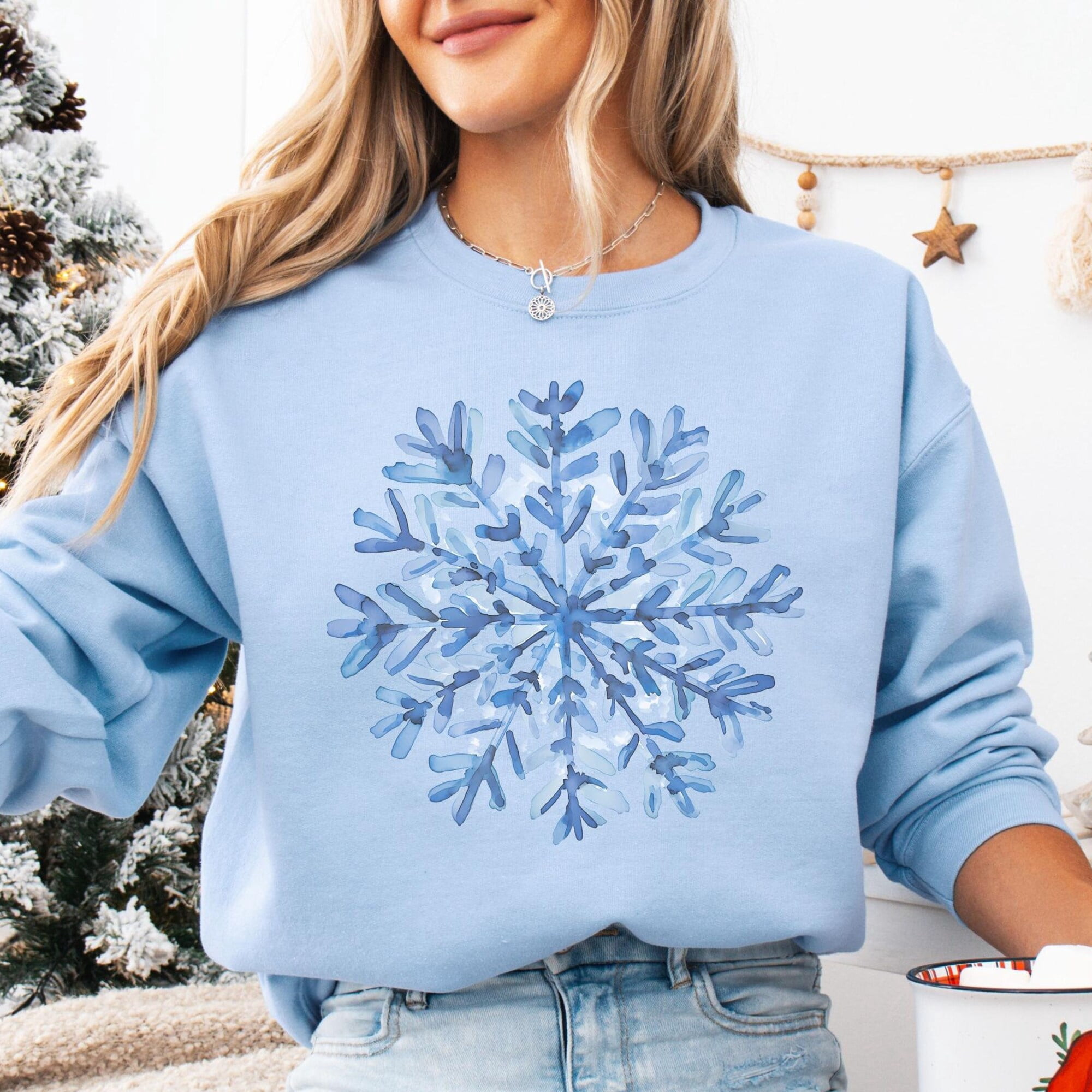 Blue Toile Snowflake TShirt Christmas Watercolor Snowflake TShirt Blue ...