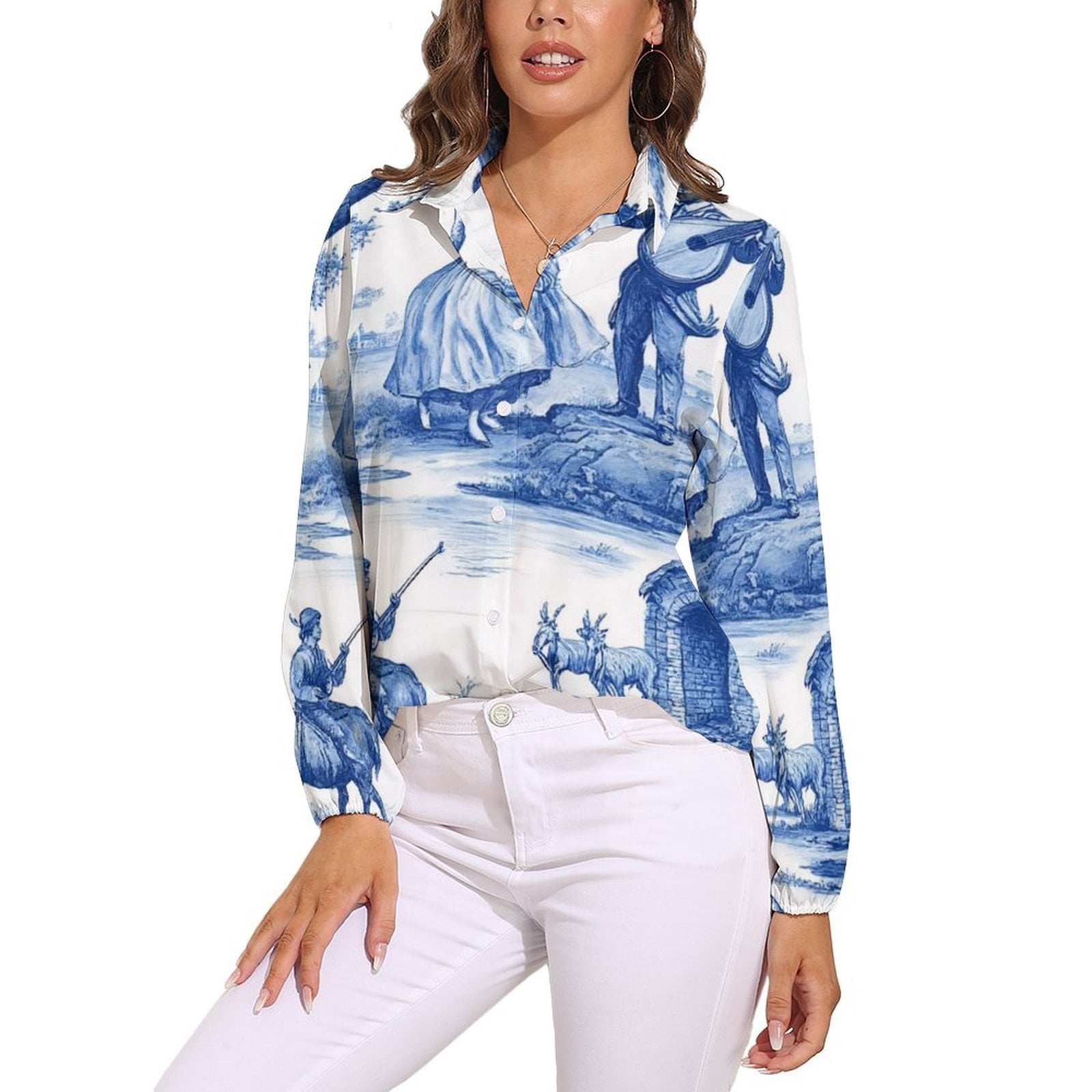 Blue Toile Village Scene-2 Vntage Casual Long Sleeve Shirt Blouse Woman ...