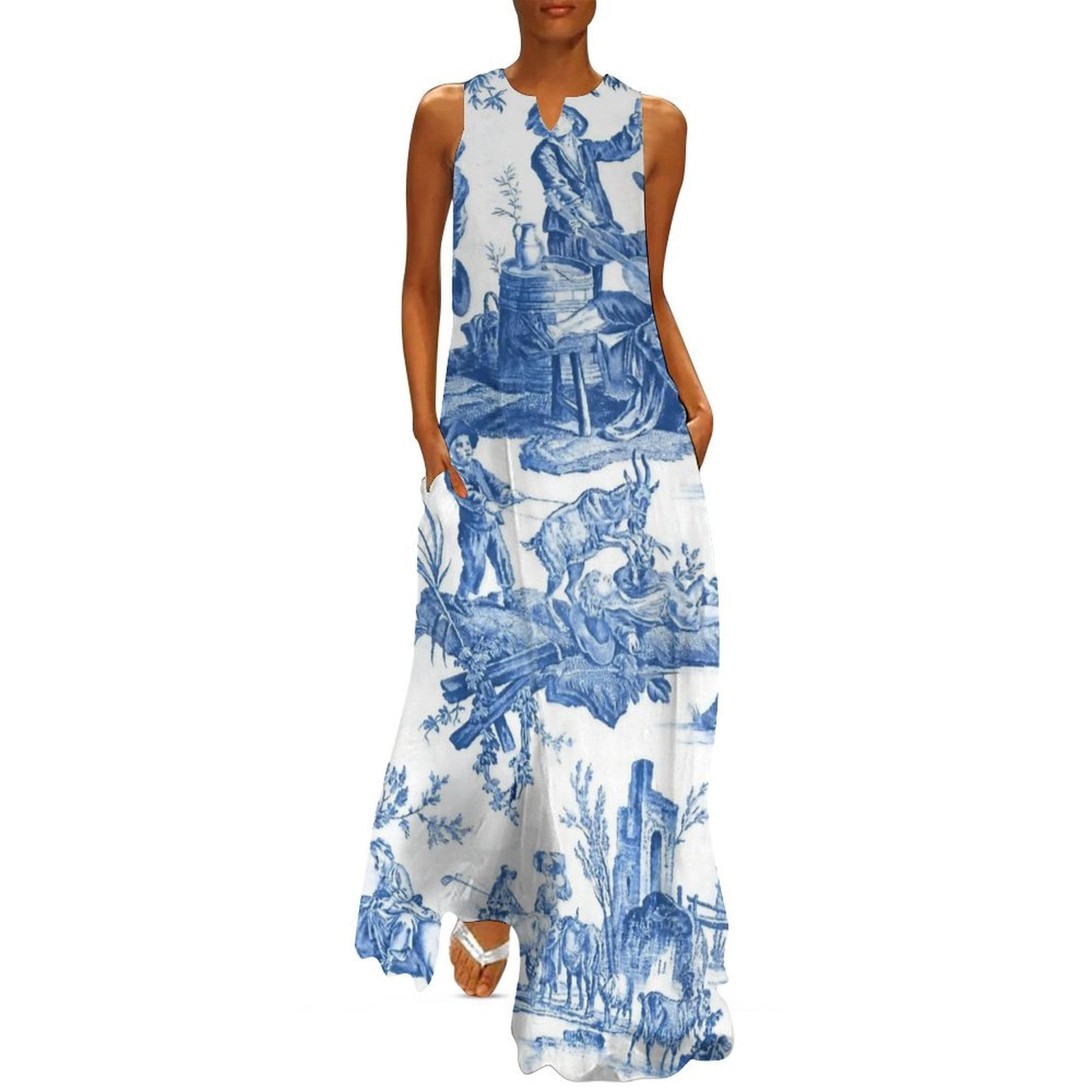 Blue Toile Village Scene Long Dress luxury evening dresses women ...