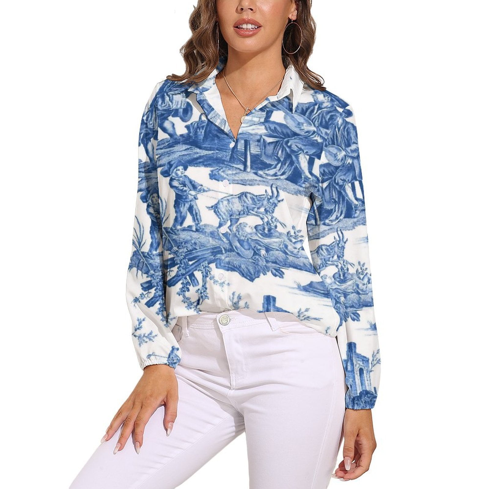 Blue Toile Village Scene Vntage Casual Long Sleeve Shirt Blouse Woman ...
