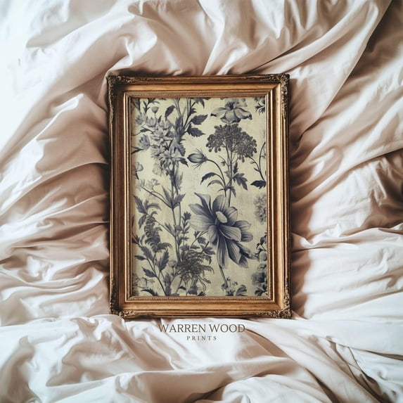 Blue Toile Wall Art, Vintage Floral Print, Antique Style, Rustic Beige ...