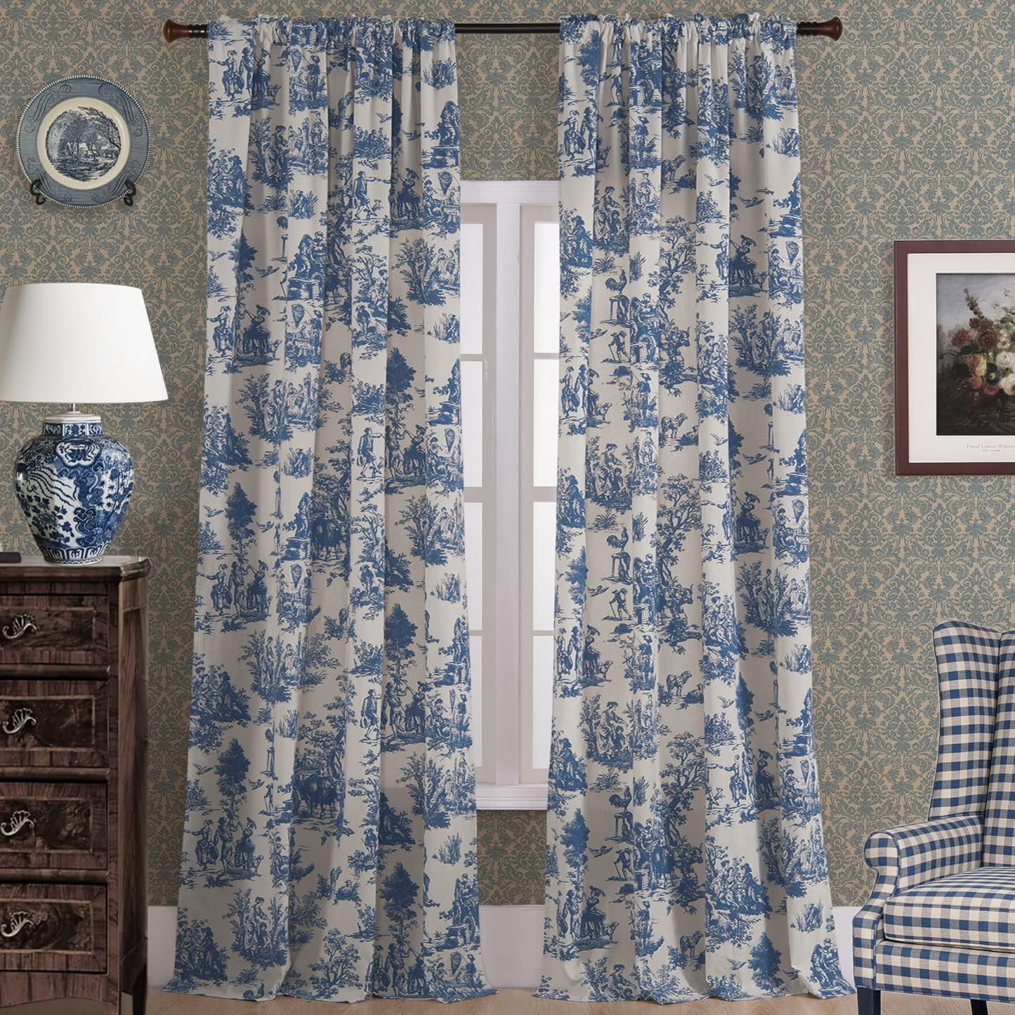 Blue Toile Window Curtains Drapes for Living Room 84 Inch Length 2 ...