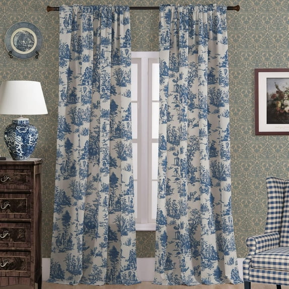 Blue Toile Window Curtains Drapes for Living Room 84 Inch Length 2 ...