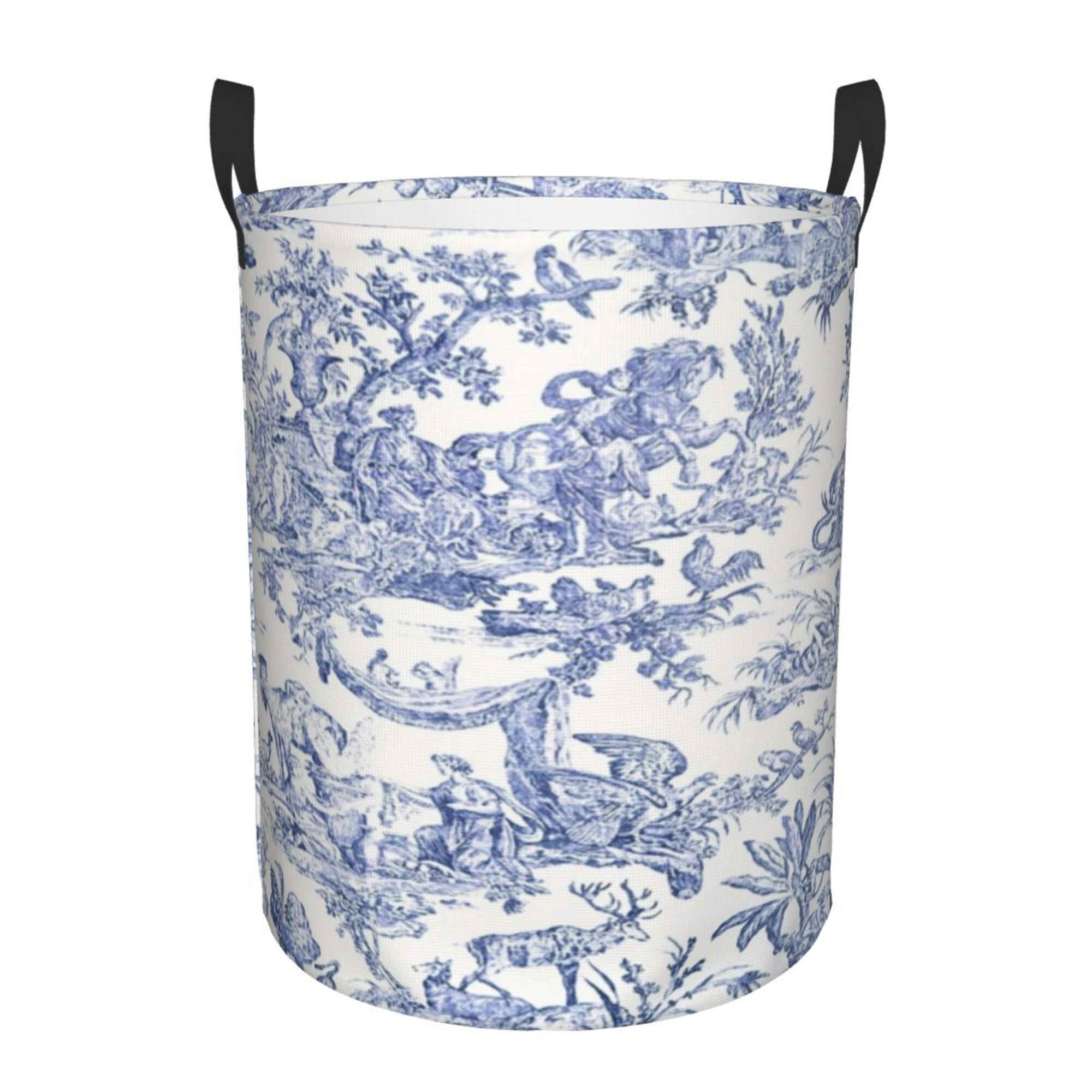 Blue Toile de Jouy Large Dirty Clothes Hamper Foldable Laundry Basket ...