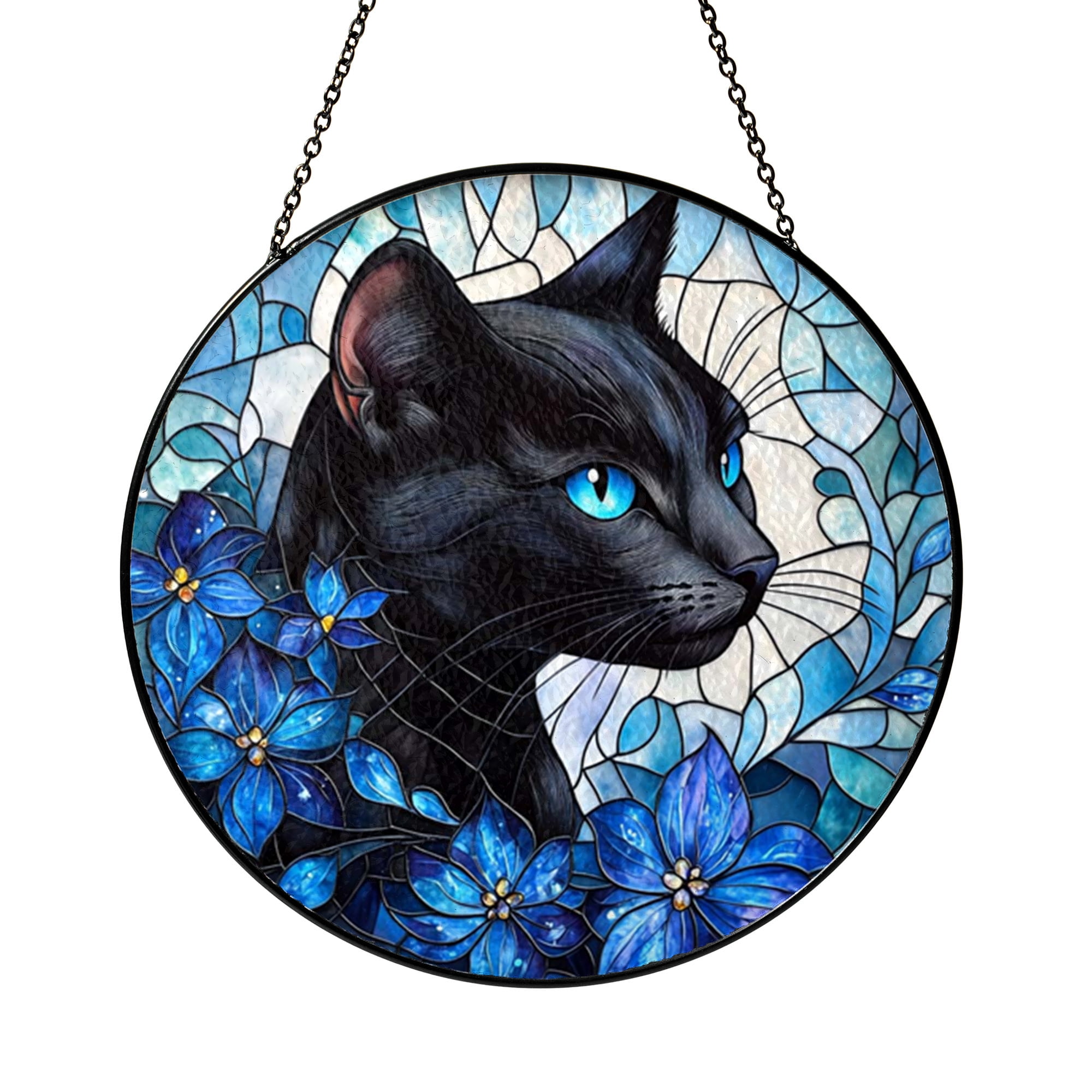 Blue Tone Floral Cat Window Art – Decorative Stained Glass Panel ...