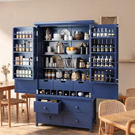 Blue-Toned MDF and Pine Freestanding Kitchen Pantry Cabinet with Wine ...