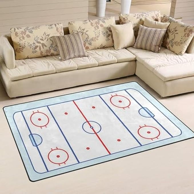 Blue Tones And Red Graphic Outline Ice Hockey Rink Area Rug, Abstract ...