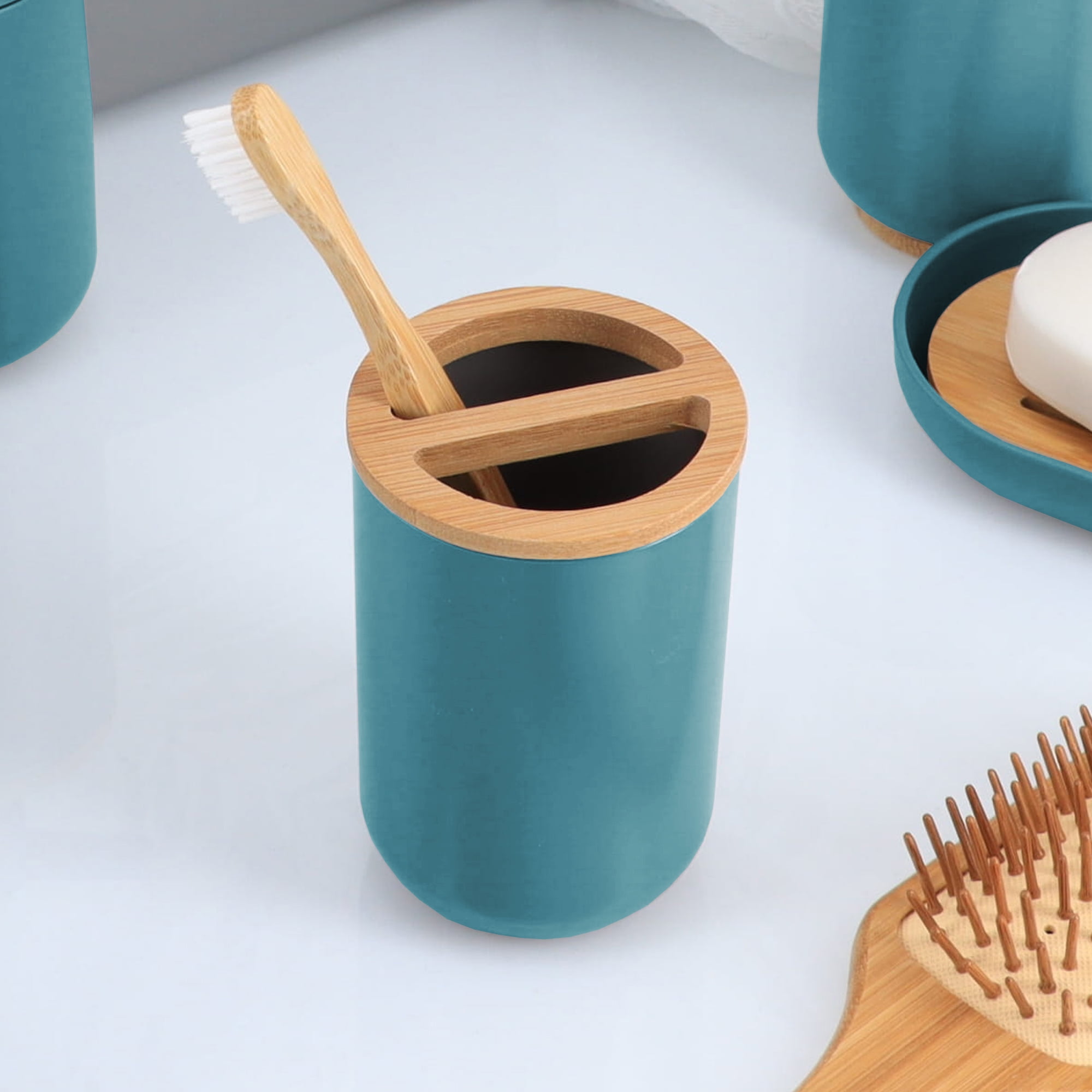 Blue Toothpaste and Toothbrush Holder Padang with Bamboo Top - Chic ...