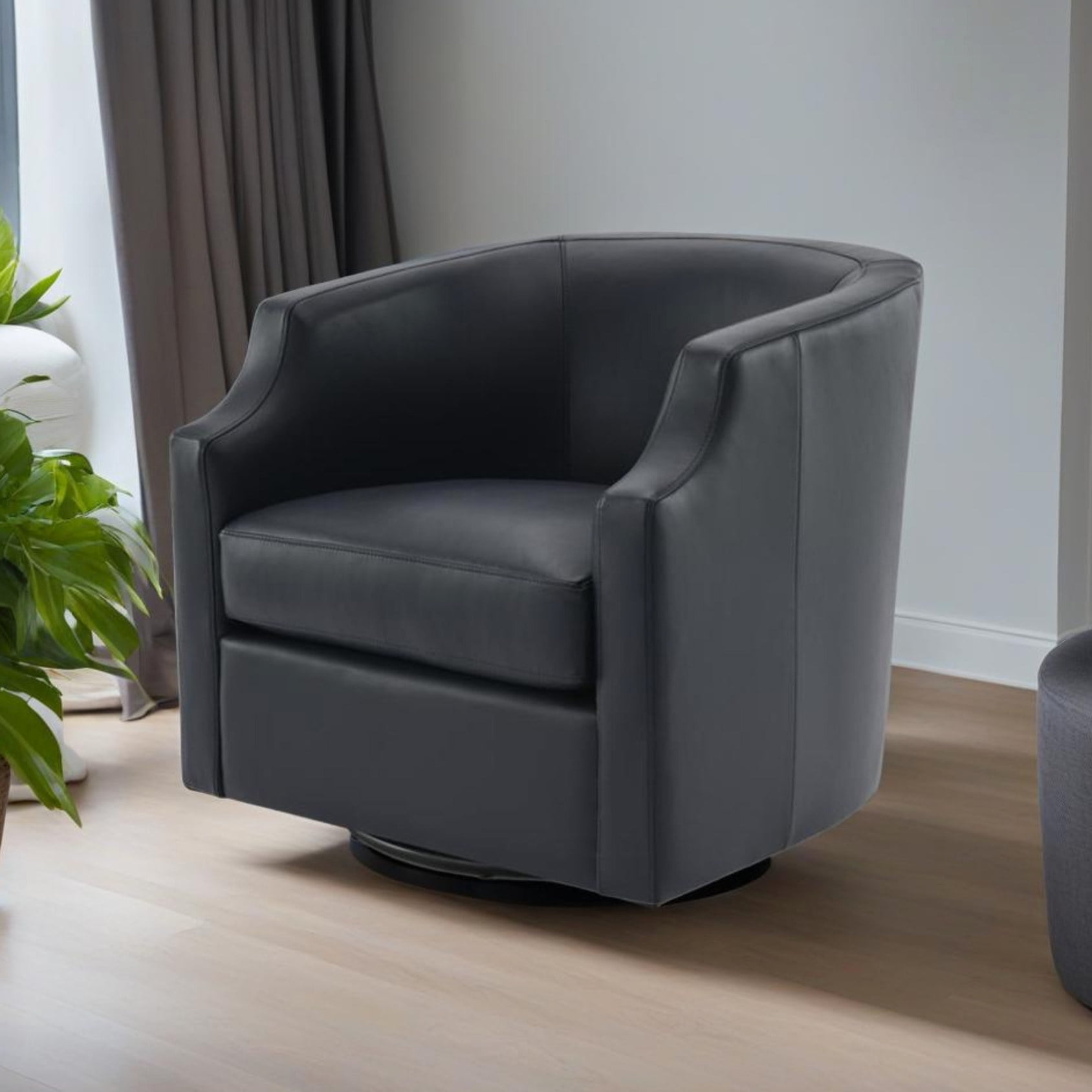 Blue Top Grain Leather Glider Barrel Chair | Removable Cushion, Sinuous ...