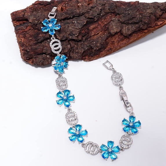 Blue Topaz, CZ 925 Sterling Silver Adjustable Tennis Bracelet 7-8 ...