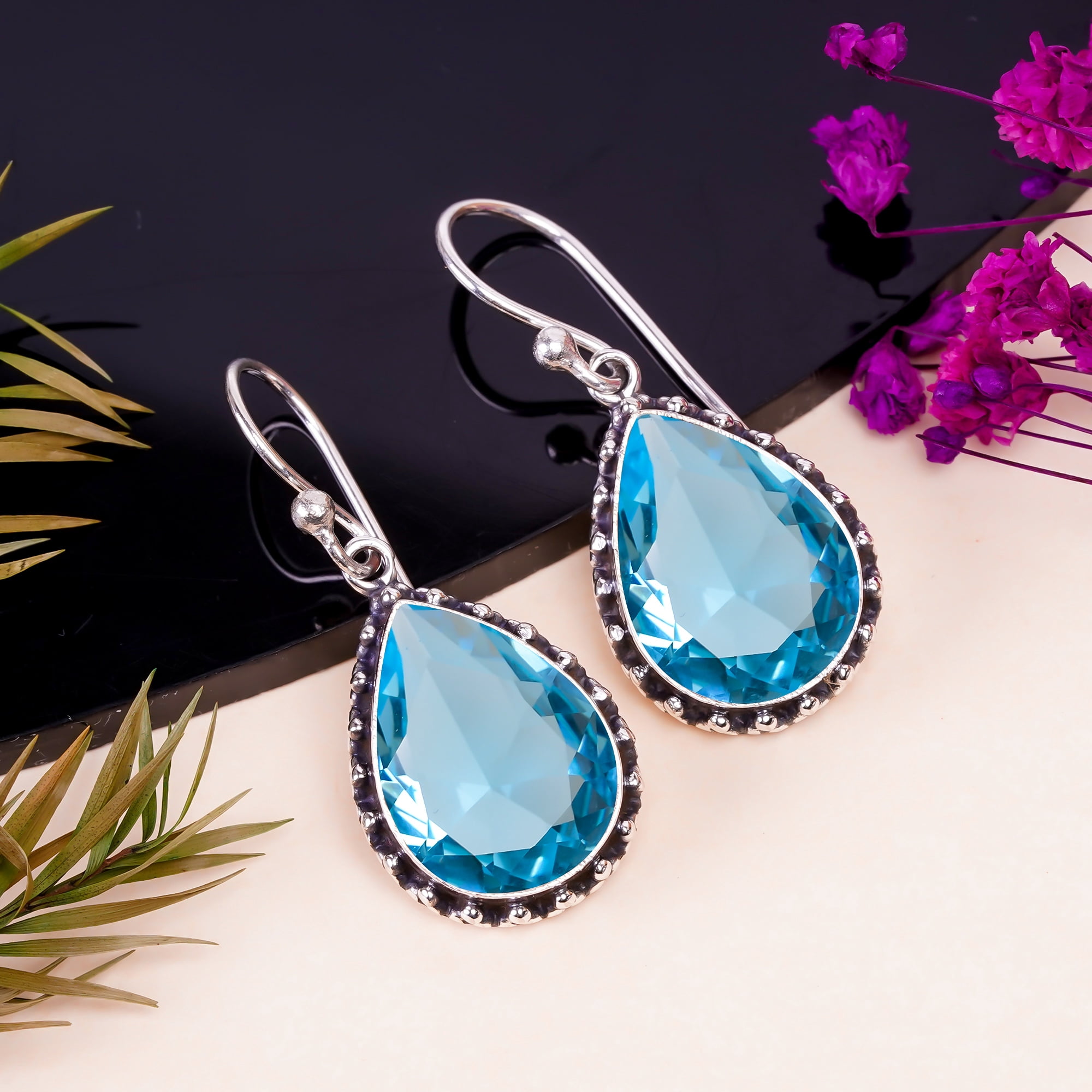 Blue Topaz Gemstone 925 Sterling Silver Drop Earring Jewelry 1.44" VV36 ...
