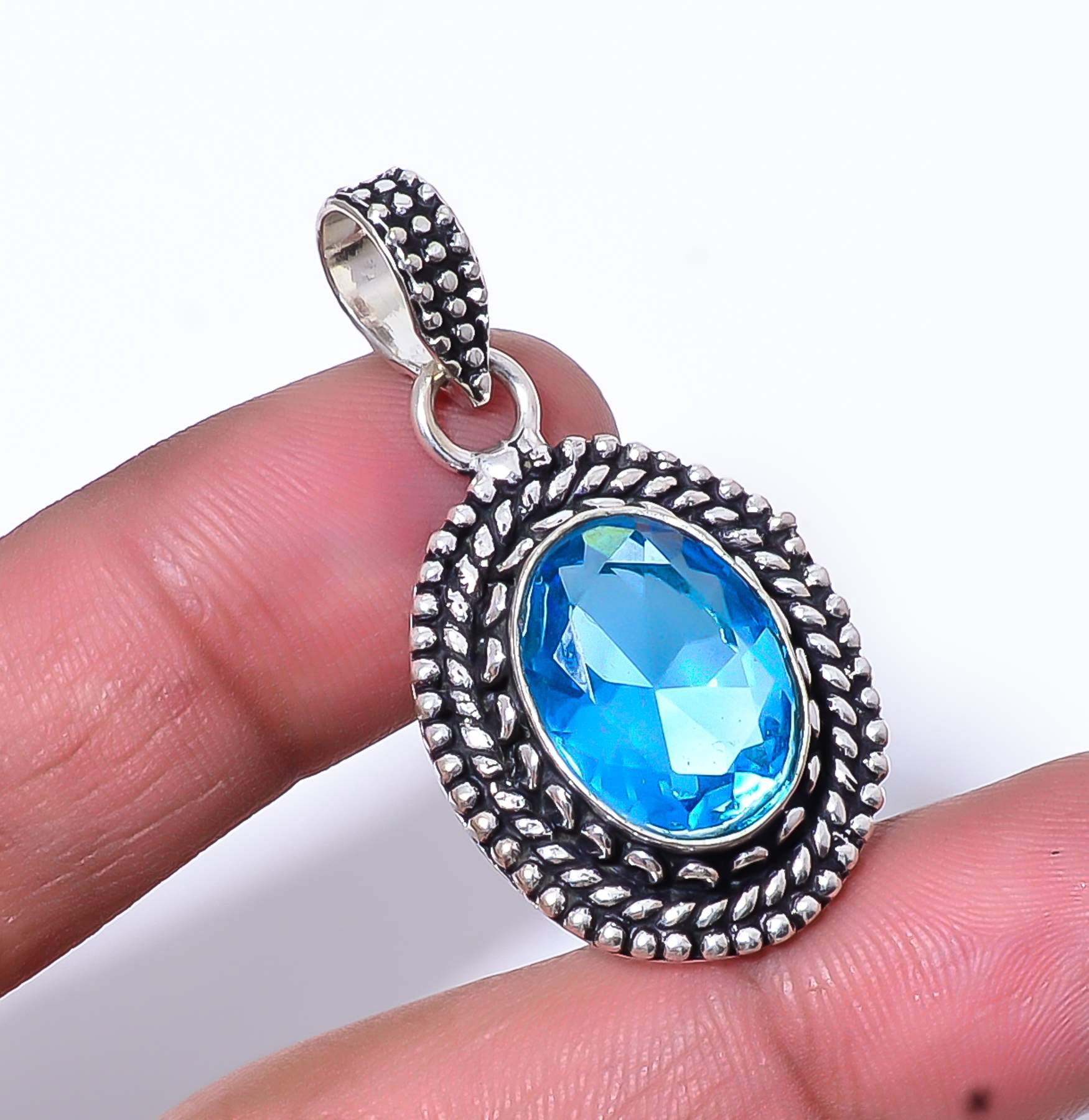 Blue Topaz Gemstone 925 Sterling Silver Handmade Pendant 1.56" P585 ...