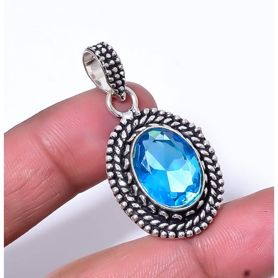 Blue Topaz Gemstone 925 Sterling Silver Handmade Pendant 1.56" P585 ...