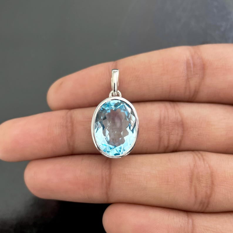 Blue Topaz Pendant, Natural Blue Topaz Necklace, December Birthstone ...