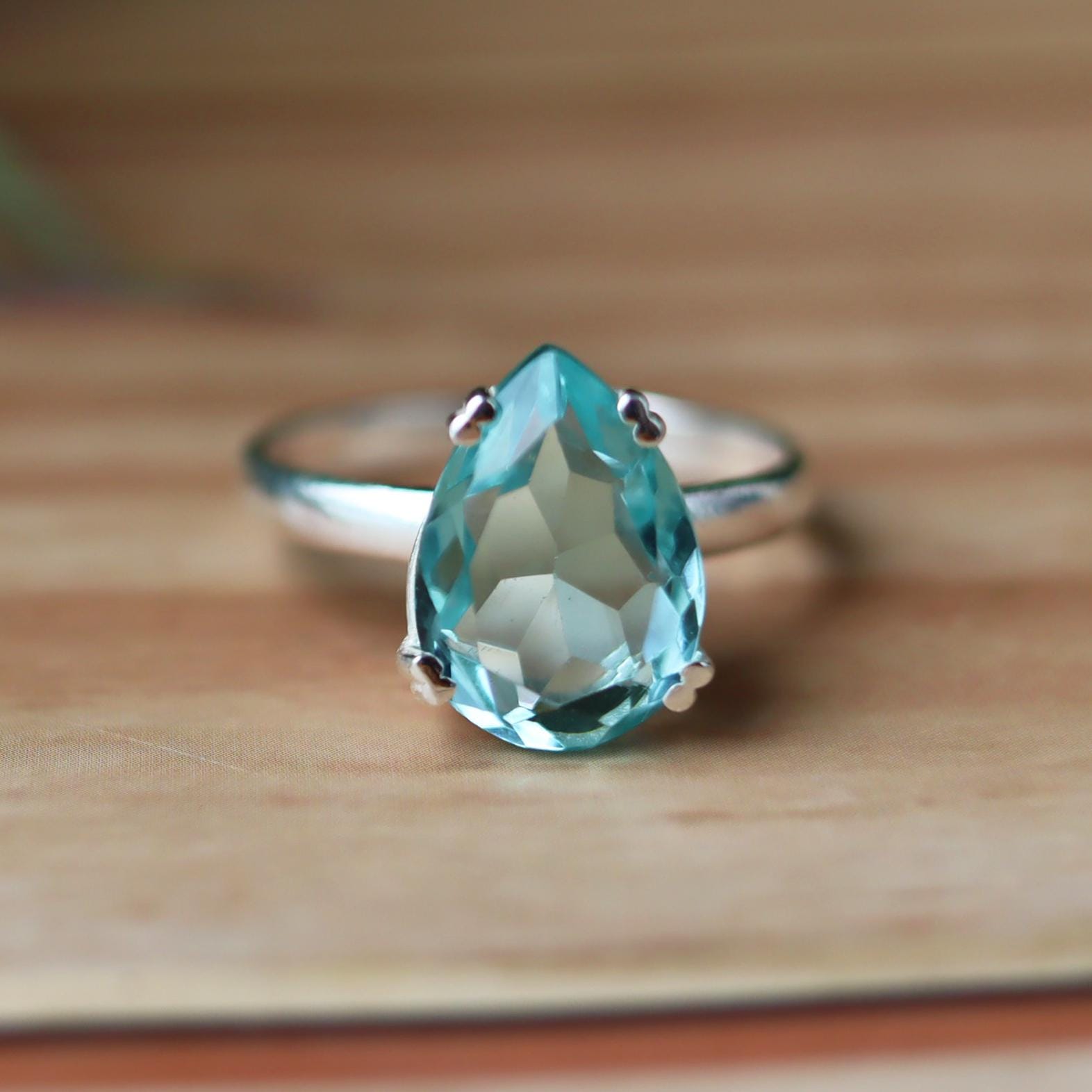 Blue Topaz Ring, 925 Silver Ring, Prong Setting Ring, Pear Cut Gemstone ...