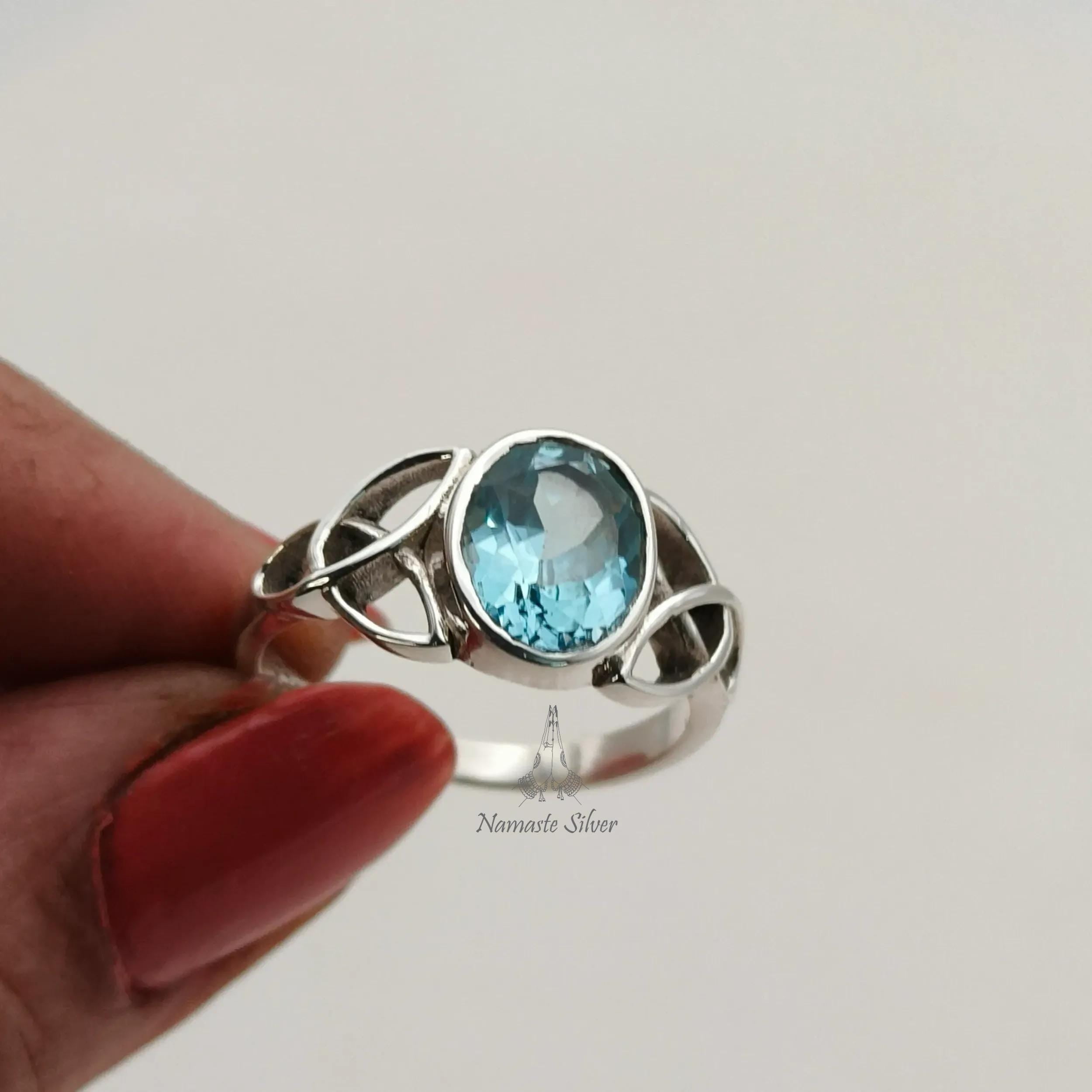 Blue Topaz Ring, 925 Sterling Silver Celtic Knot Ring, Natural Blue Topaz Oval Gemstone Handmade ...