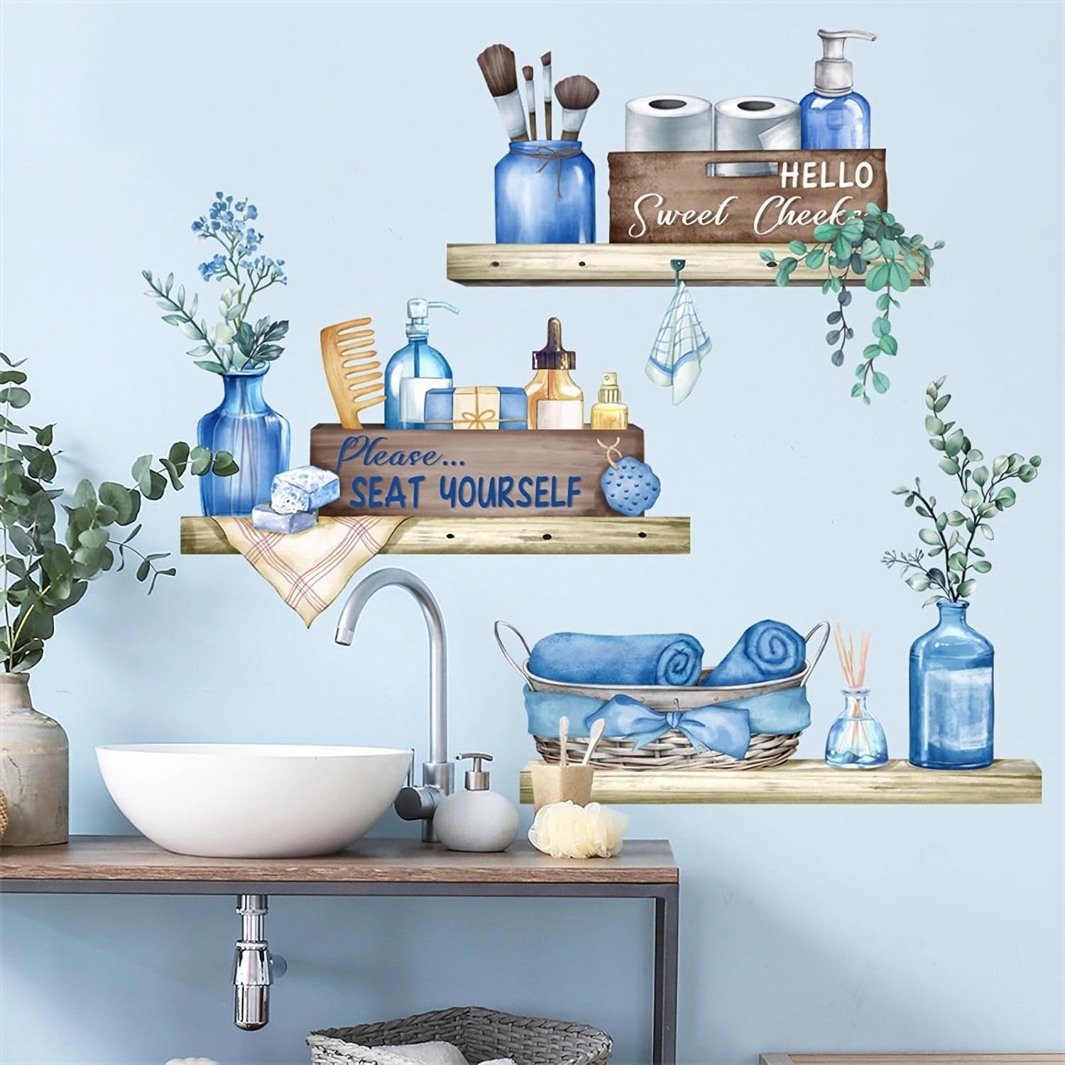 Blue Towel Shelf Wall Stickers, Cosmetic Brush Organizer DIY Wall ...