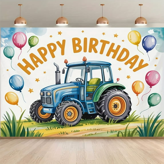 Blue Tractor Birthday Backdrop Watercolor Colorful Balloons Green Grass ...