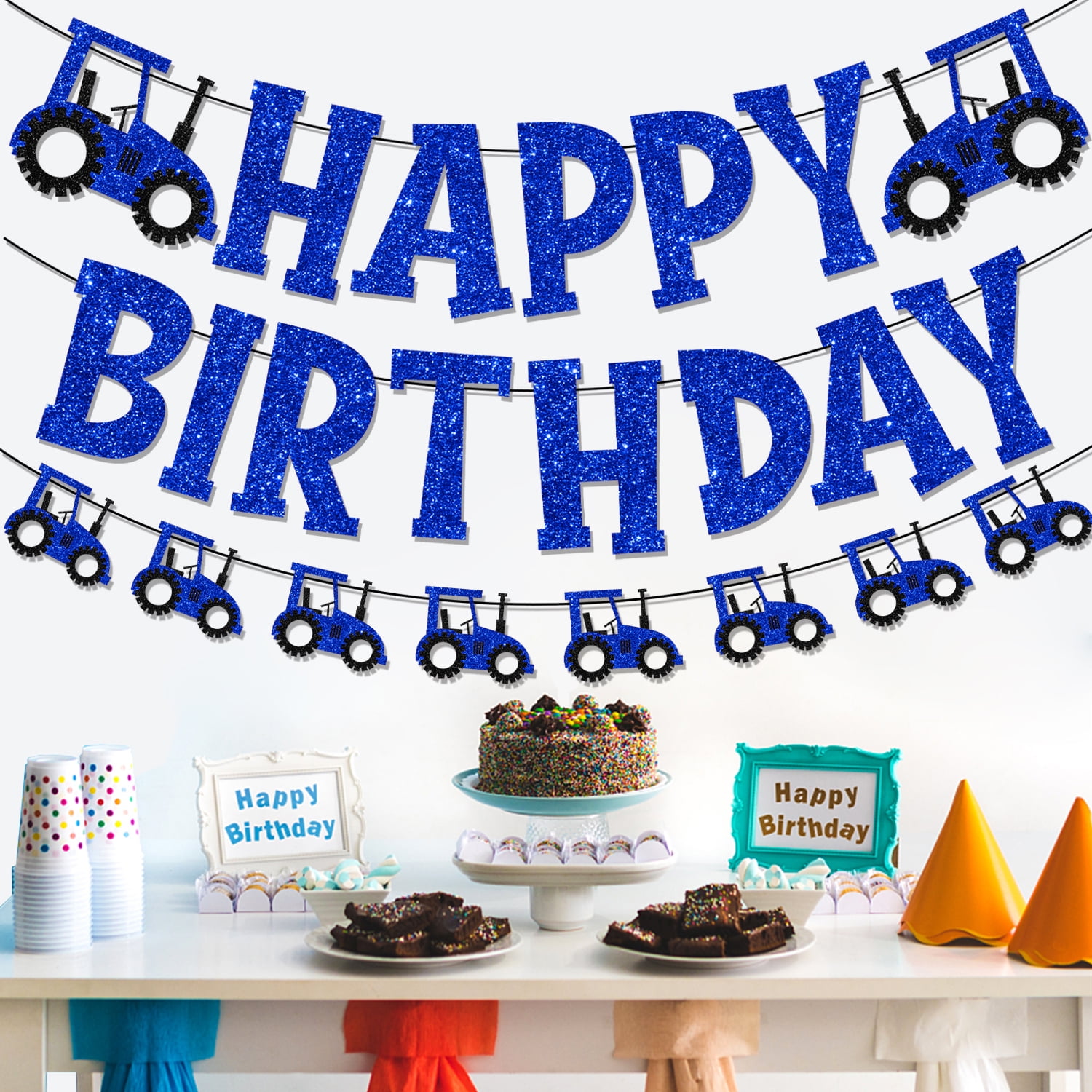 Blue Tractor Theme Birthday Decorations for Boys, Glitter Tractor Happy ...