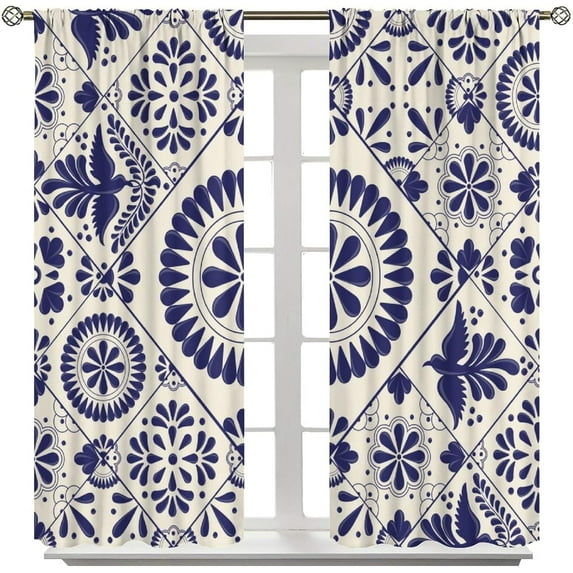 Blue Traditional Curtains Talavera Style Beige Mexican Floral Mexico ...
