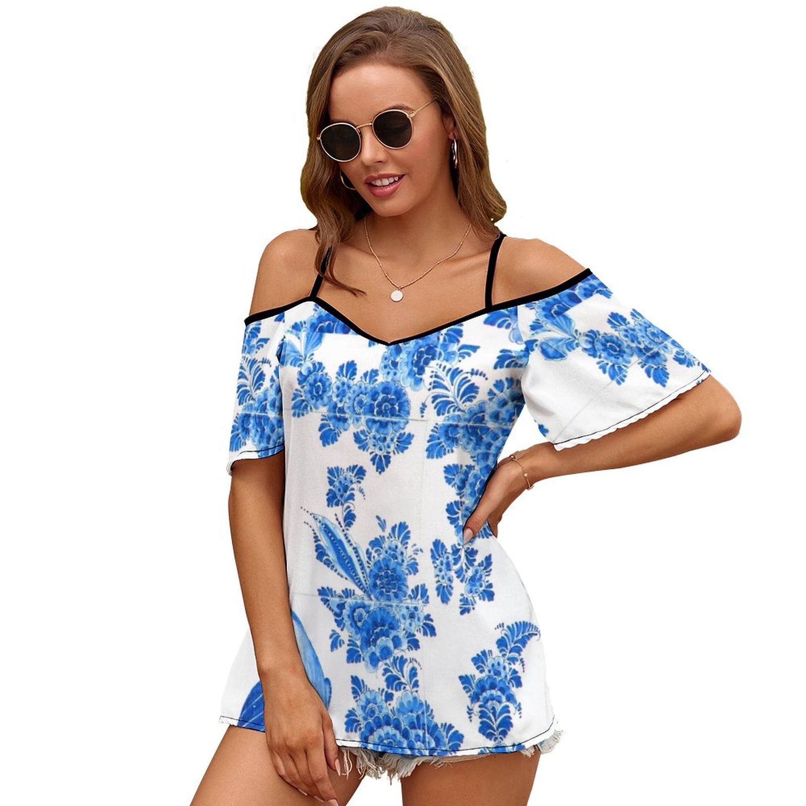 Blue Traditional Dutch Tile Pattern New Fashion Zip Off Shoulder Top ...