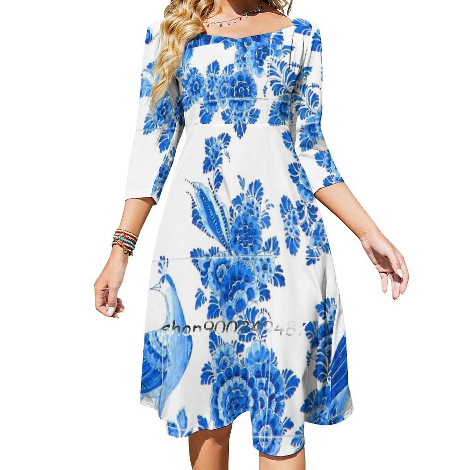 Blue Traditional Dutch Tile Pattern Sweetheart Knot Flared Dress ...