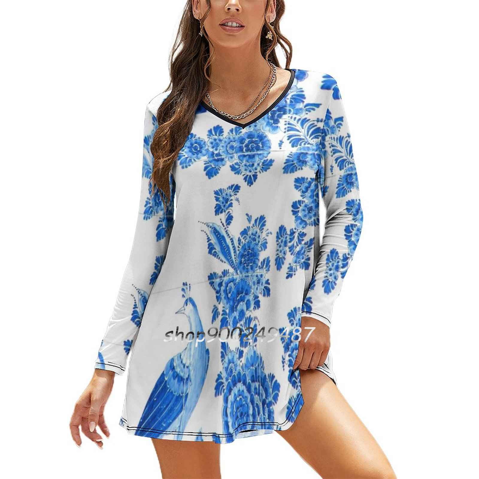 Blue Traditional Dutch Tile Pattern Sweetheart Knot Flared Dress ...