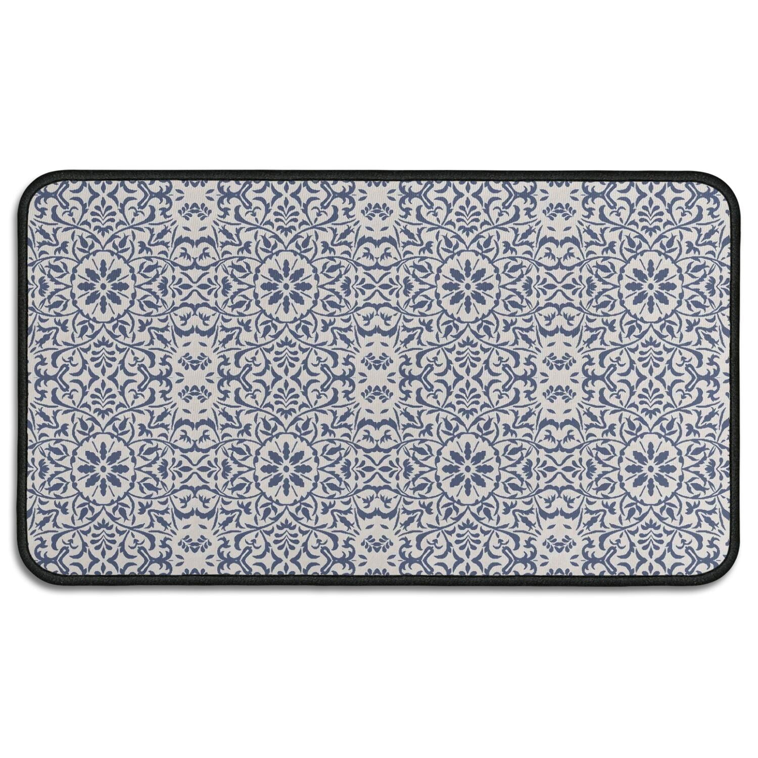 Blue Traditional Floral and Vine Pattern Door Rugs,Washable Non Slip ...