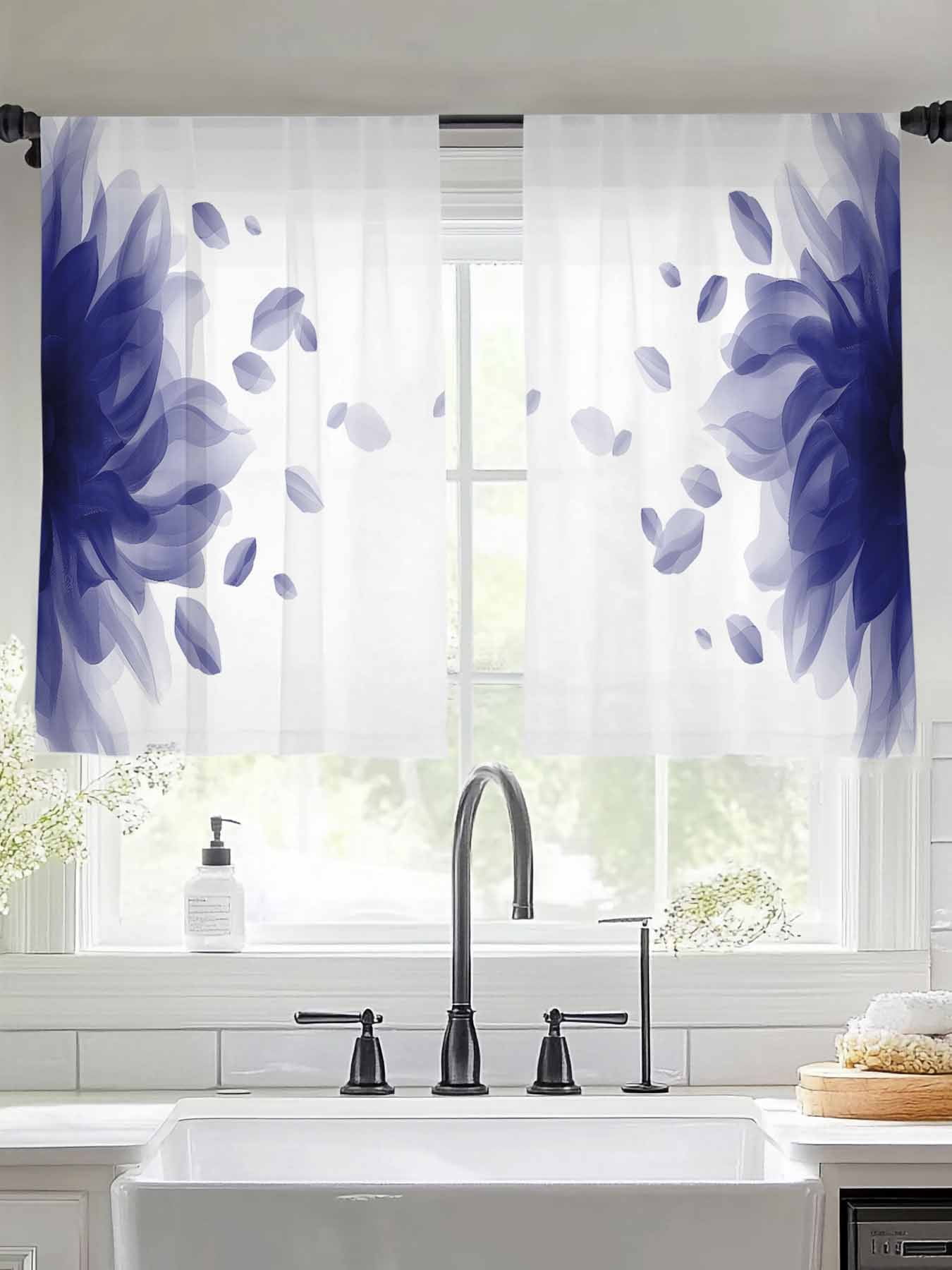 Blue Translucent Floral Sheer Curtains 45 Inches Long 2 Panels Gradient ...