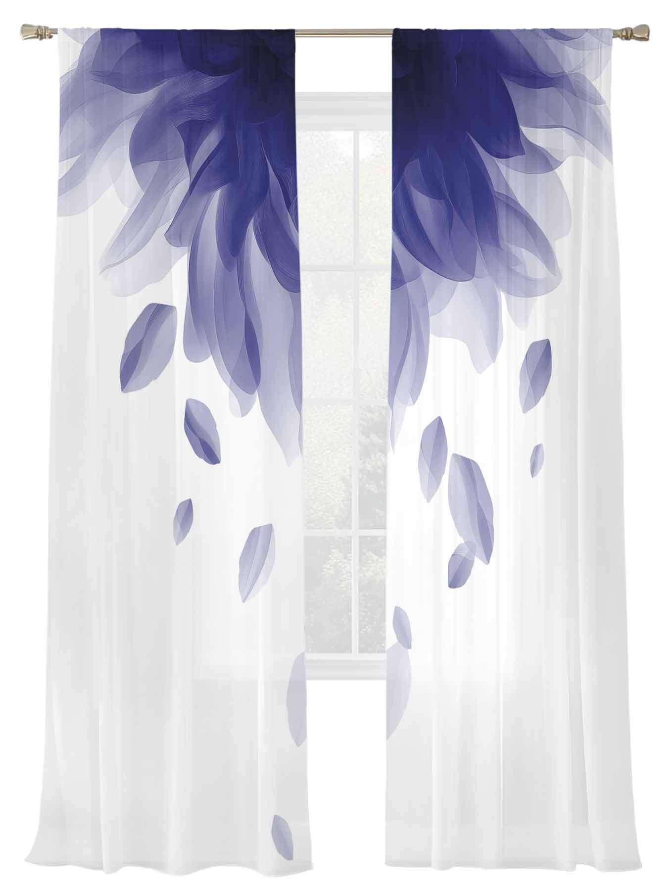 Blue Translucent Floral Sheer Curtains for Living Room Bedroom, Light ...