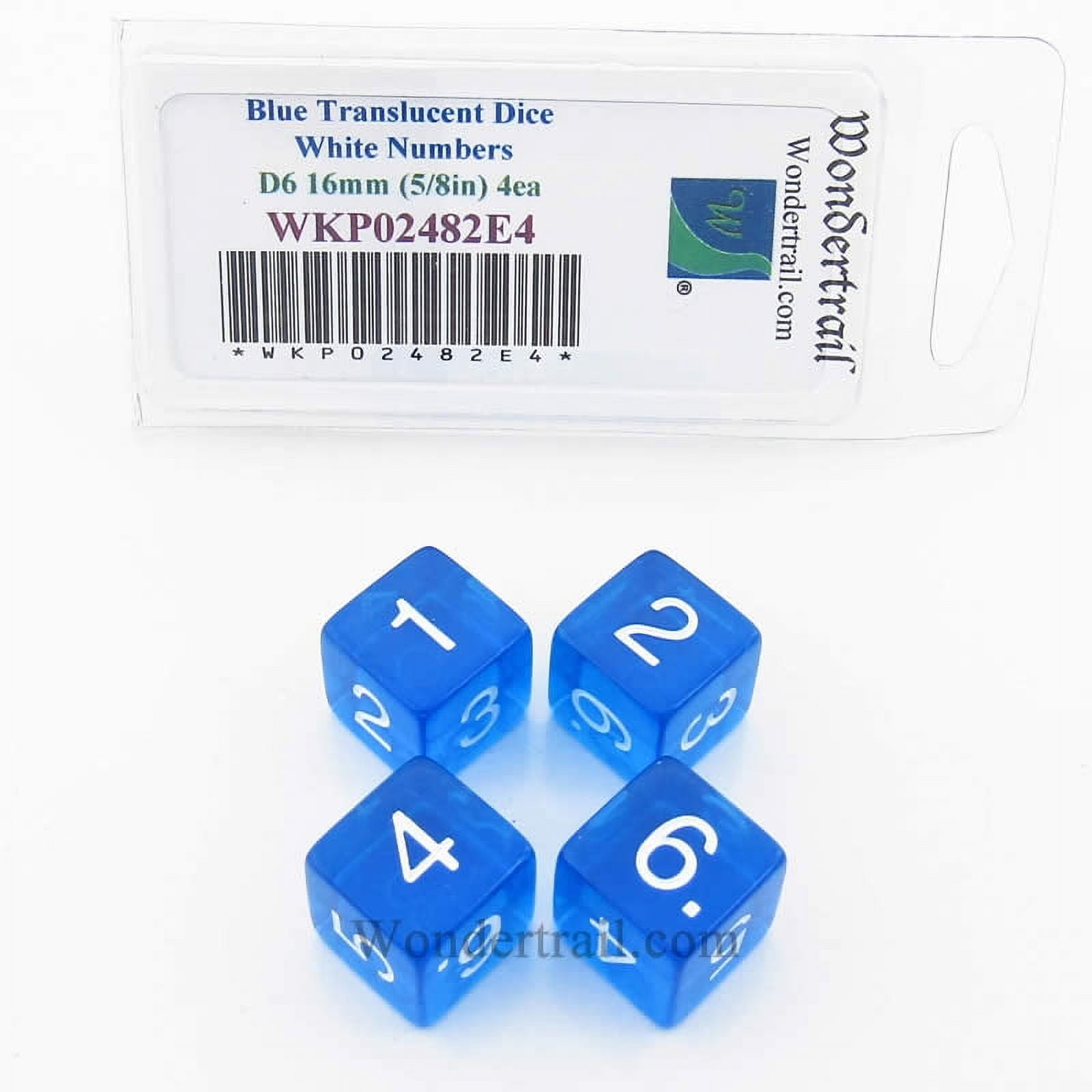 Blue Transparent Dice with White Numbers D6 16mm (5/8in) Pack of 4 ...