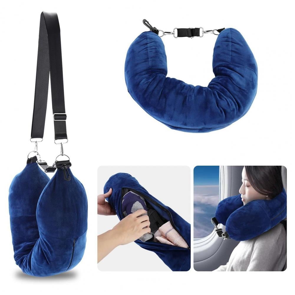 Blue Travel Neck Pillow Stuffable Clothes Space-saving Airplane Neck ...
