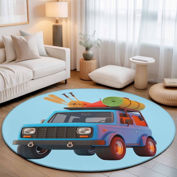 Blue Travel Trucks Round Rug 5ft Skiing Camping Washable Area Rugs for ...