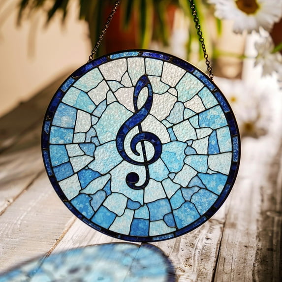 Blue Treble Clef Round Stained Glass Style Suncatcher, Music Window ...